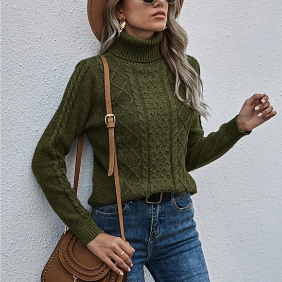 SHEIN | Sweaters | Shein Army Green Cable Knit Turtleneck Sweater ...